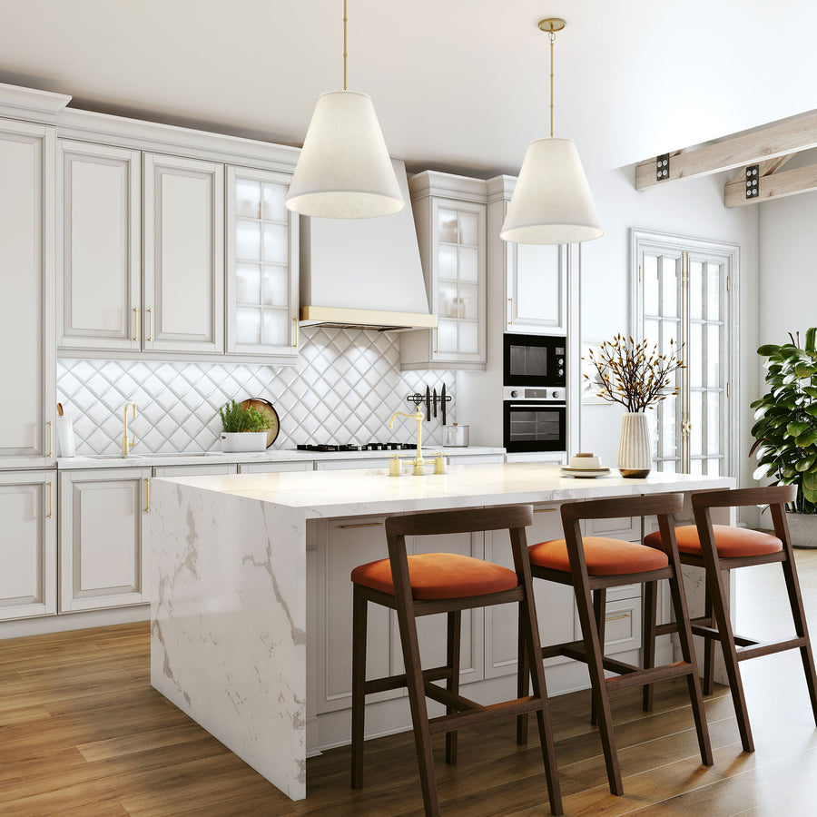 Luca Large 18" Conical Pendant, White Fabric Shade with Satin Brass ...