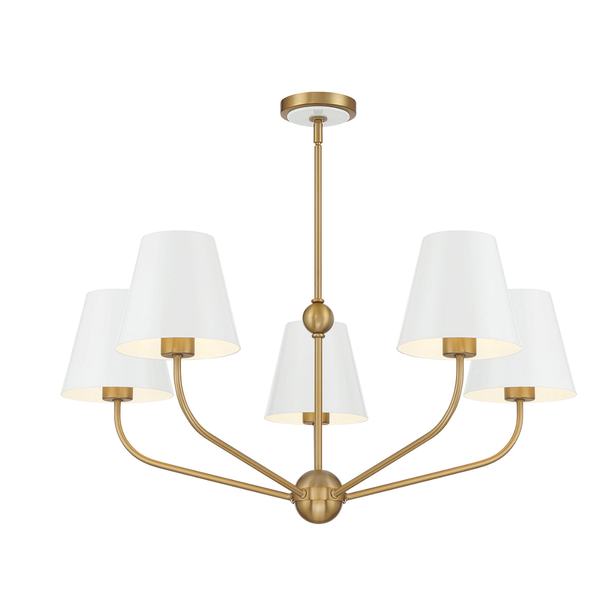 Banks 5 Light Brass Chandelier 28” Wide, White Conical Metal Shades ...